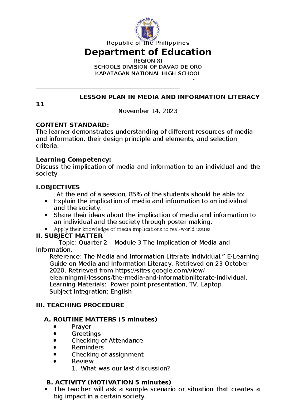 Day 2 - 1111 - Republic of the Philippines Department of Education ...