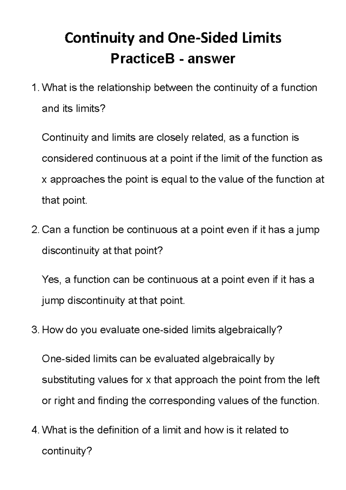 Continuity and One-Sided Limits Practice B - answer - Continuity and One-Sided Limits PracticeB ...