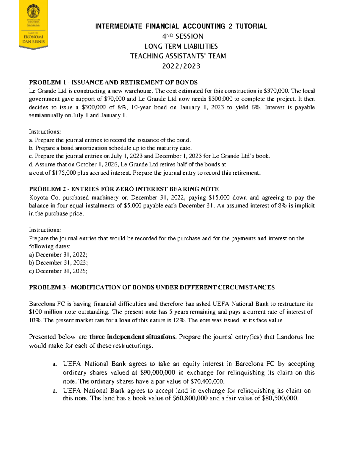 [ Exercise] Week 4 - LT Liabilities - INTERMEDIATE FINANCIAL ACCOUNTING 2 TUTORIAL 4 ND SESSION ...