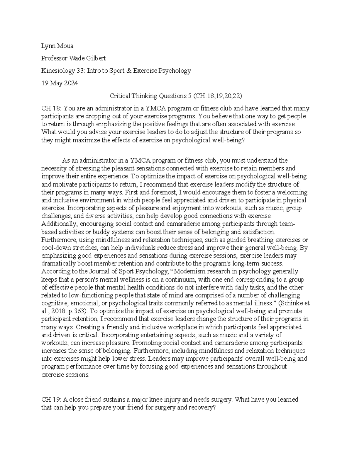 CQT 5 - Lynn Moua Professor Wade Gilbert Kinesiology 33: Intro to Sport ...