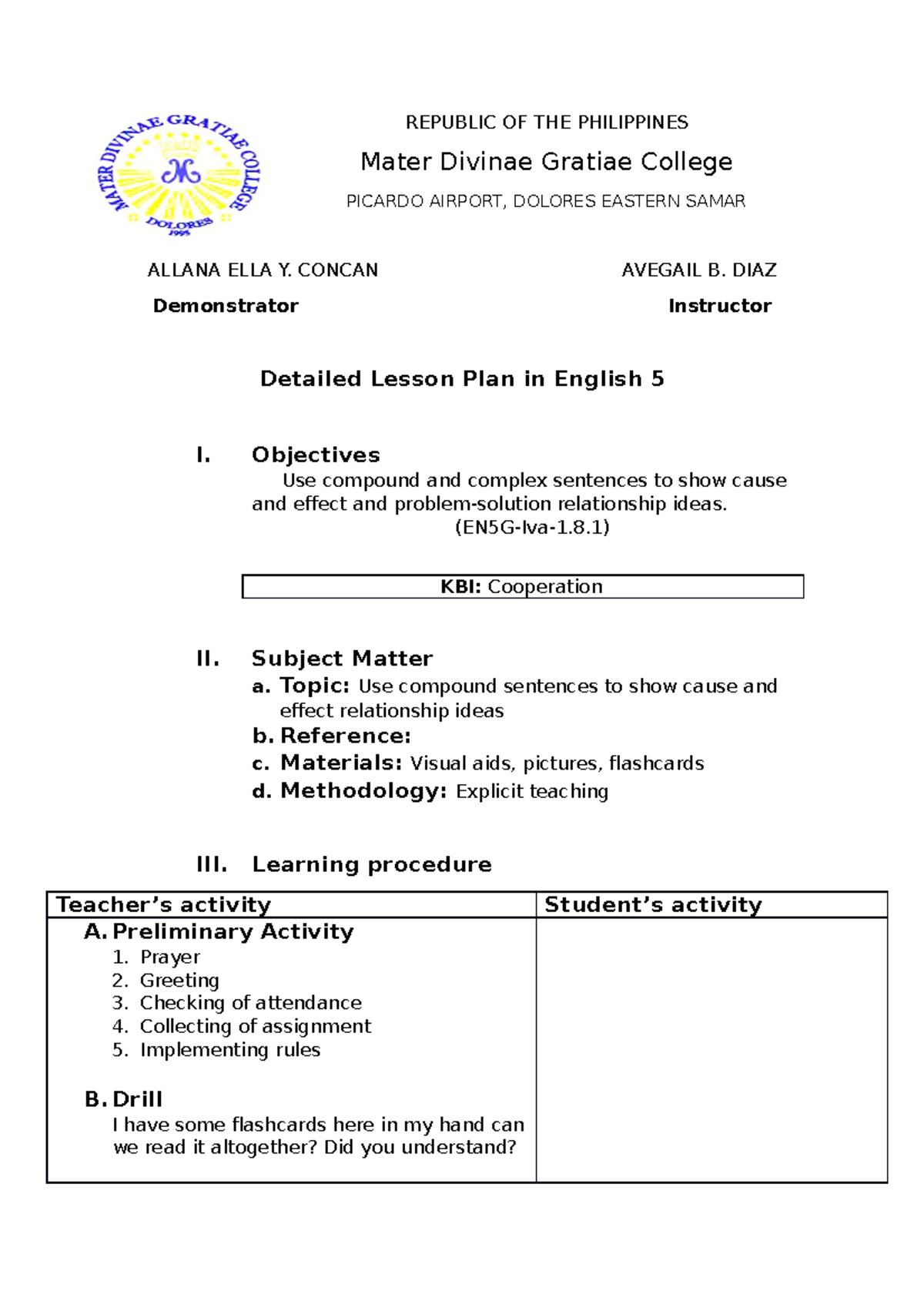 English 5 - None - REPUBLIC OF THE PHILIPPINES Mater Divinae Gratiae ...