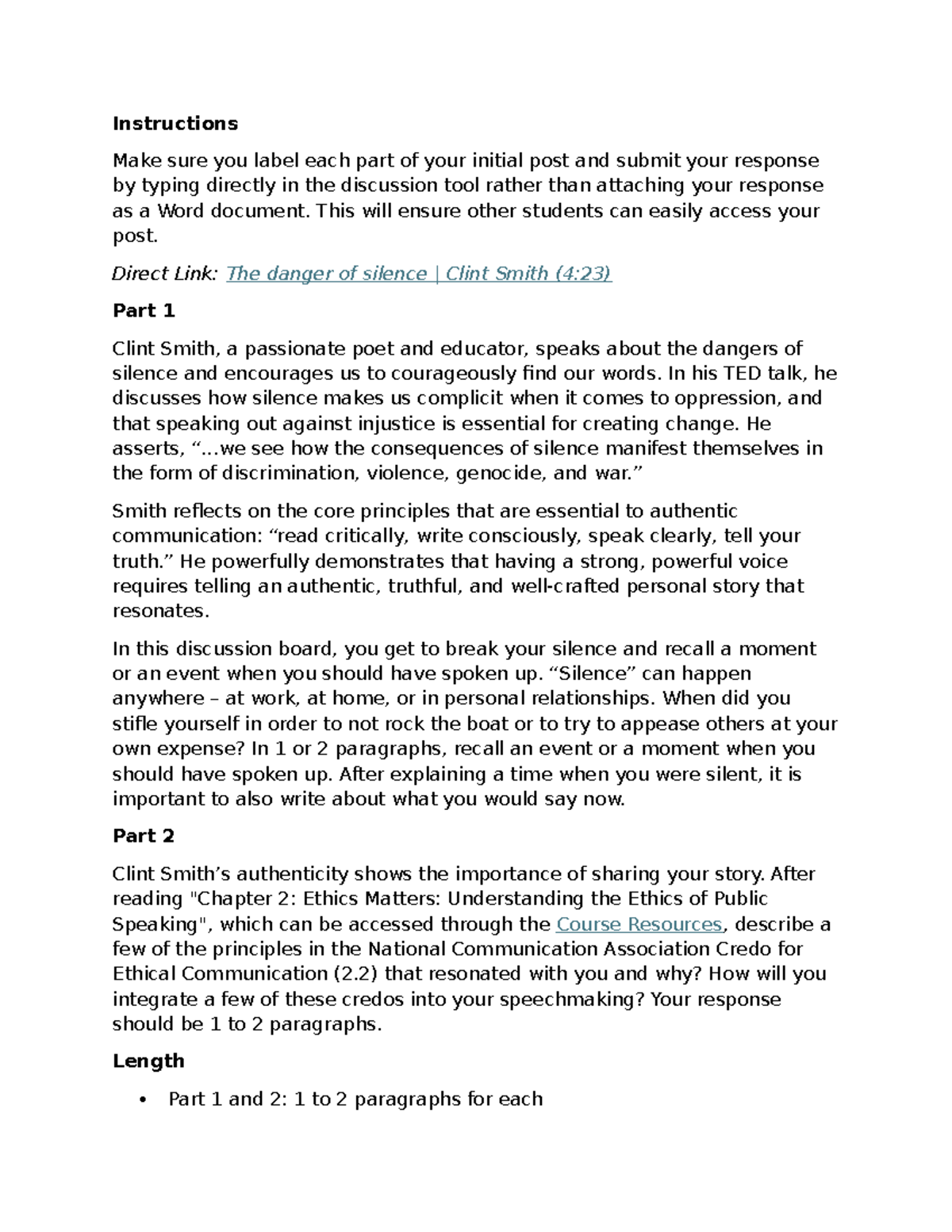 Discussion 1 The Danger of Silence - Instructions Make sure you label ...