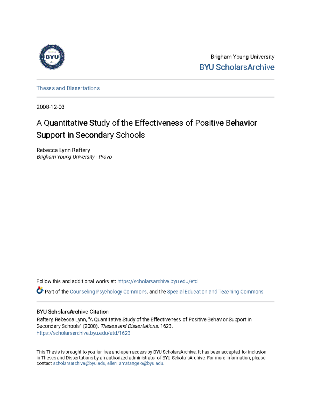 A Quantitative Study of the Effectiveness of Positive Behavior Su - byu ...