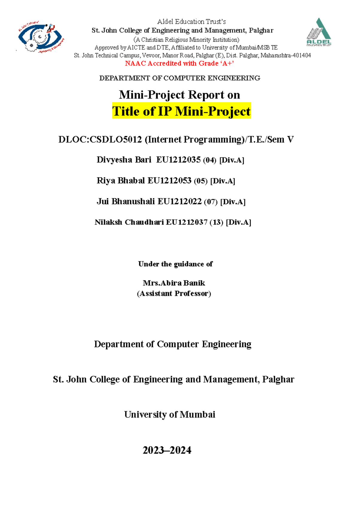 Mini Project IP - Aldel Education Trust’s St. John College of ...