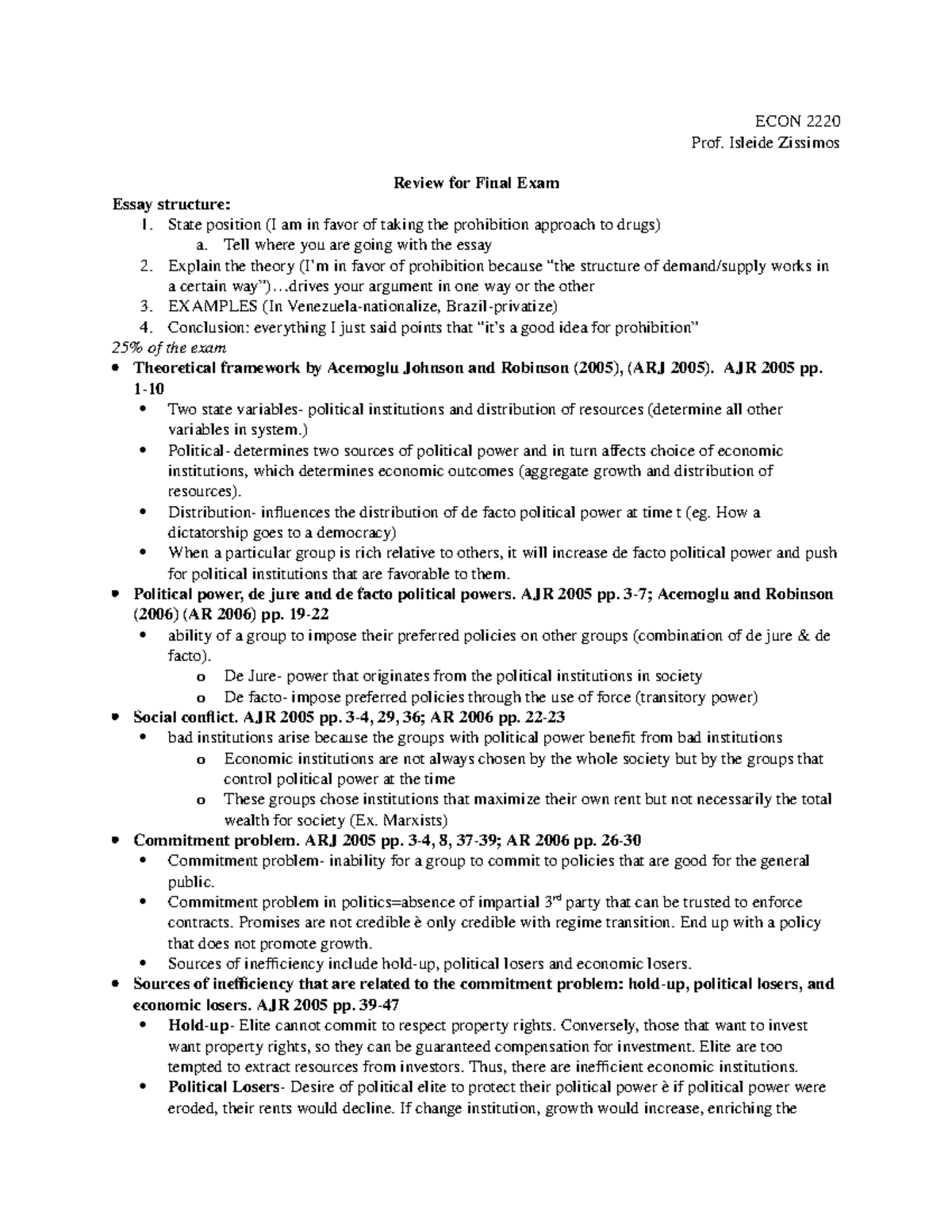 ECON 2220 Final Exam Review - ECON 2220 Prof. Isleide Zissimos Review ...