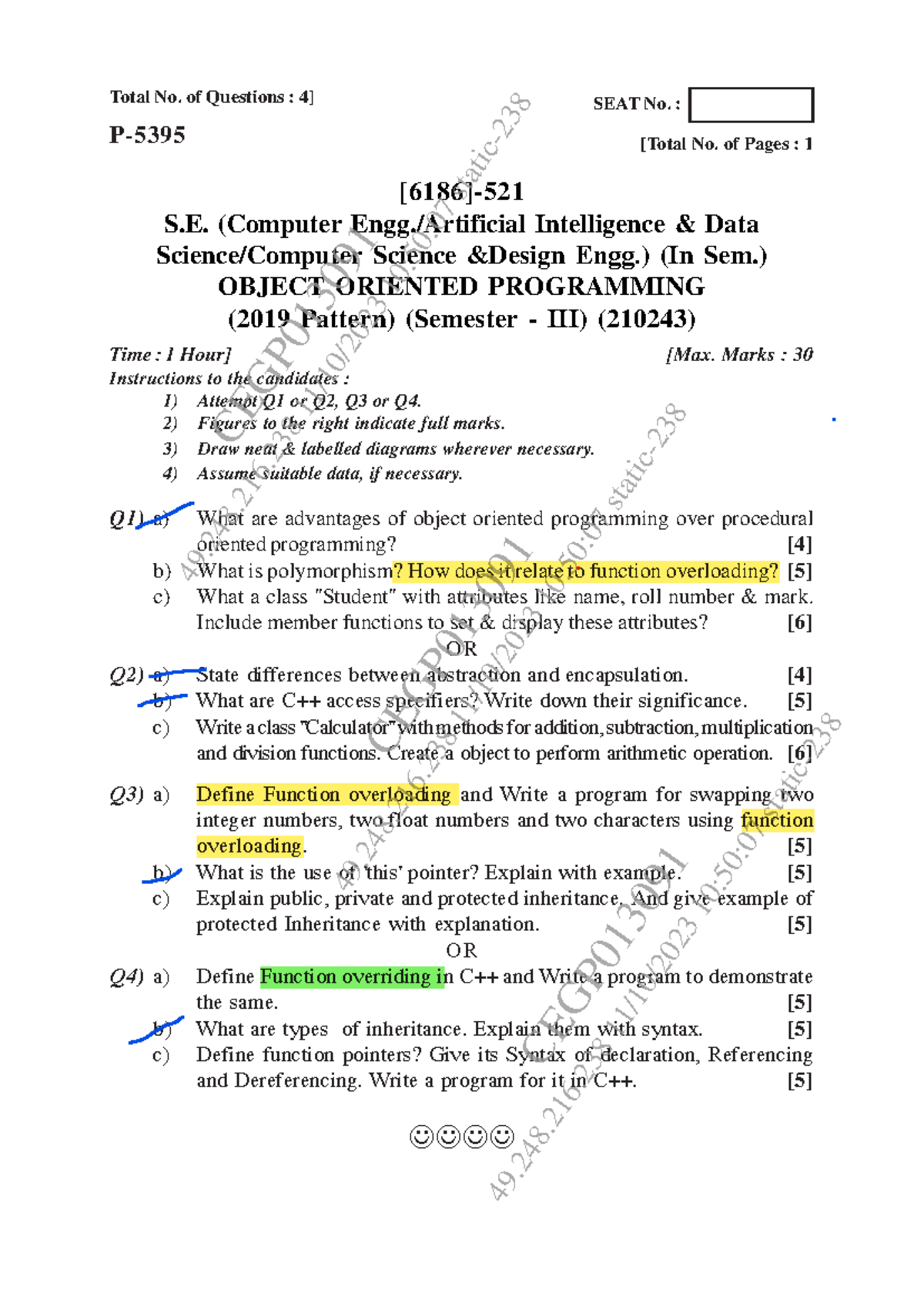 OPPS 1 - exam paper - Total No. of Questions : 4] [Total No. of Pages : 1 [6186]- S. (Computer ...
