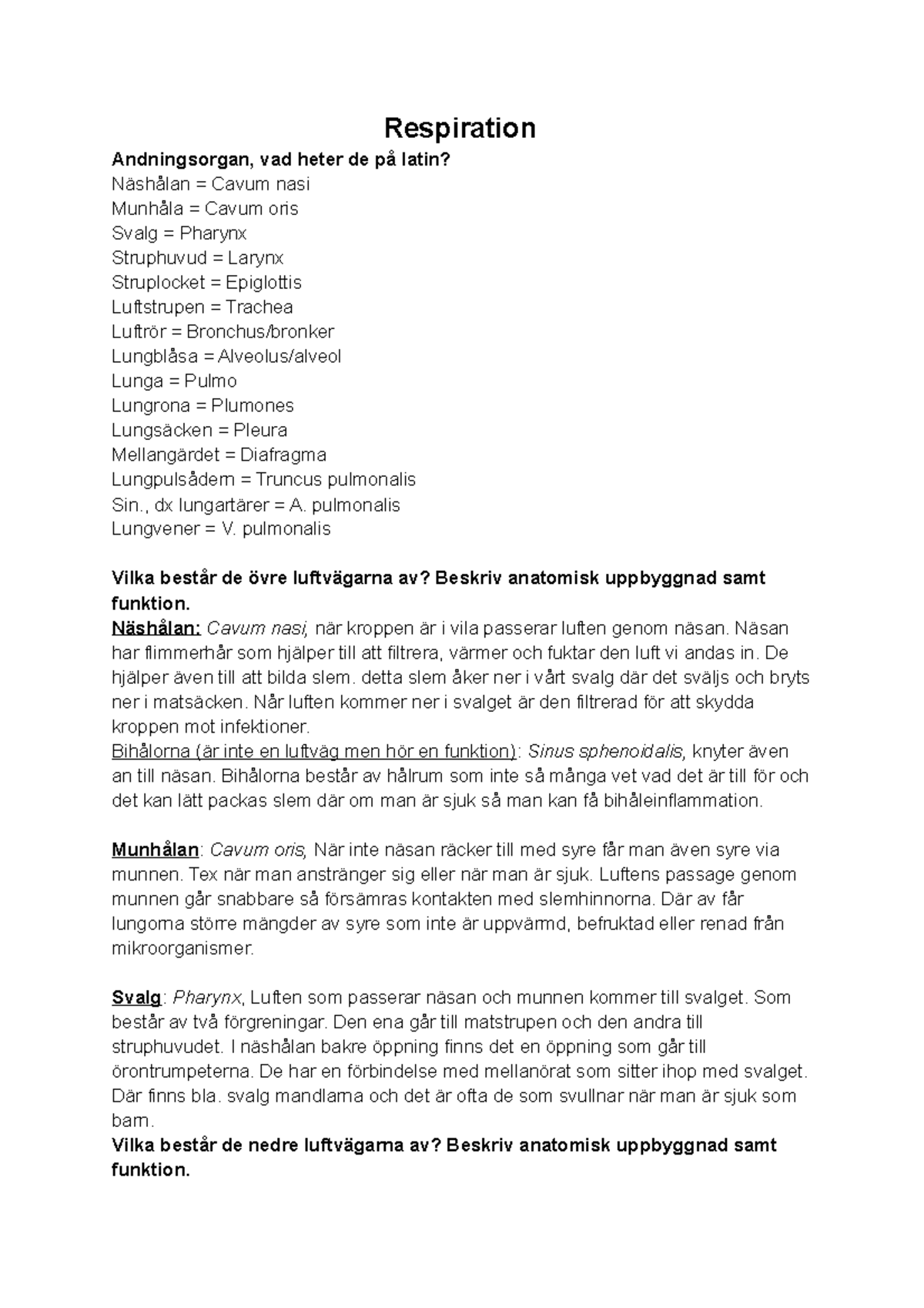Resperation - sammanfattningar - Respiration Andningsorgan, vad heter ...