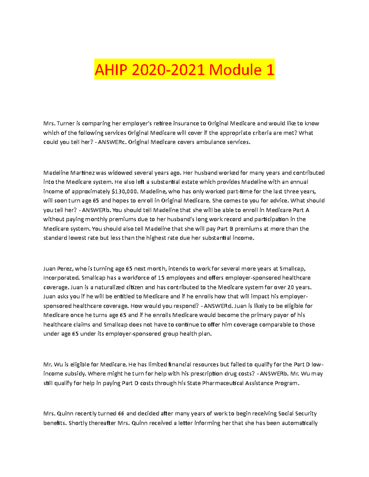 AHIP 2020 - AHIP 2020 - AHIP 2020-2021 Module 1 Mrs. Turner is ...