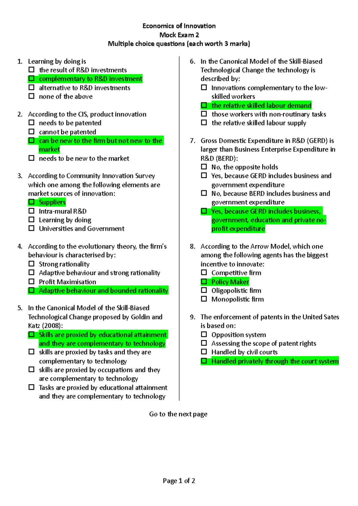Mock test per esame - Economics of Innovation Mock Exam 2 Multiple ...