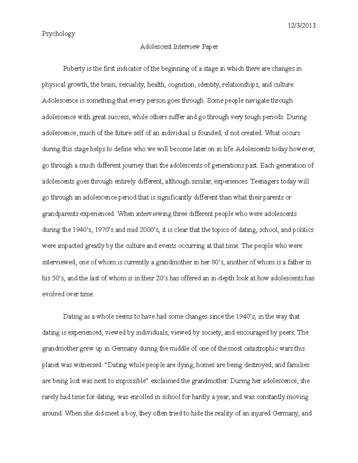 Adolescent Interview Paper Final - 12/3/2013 Psychology Adolescent ...