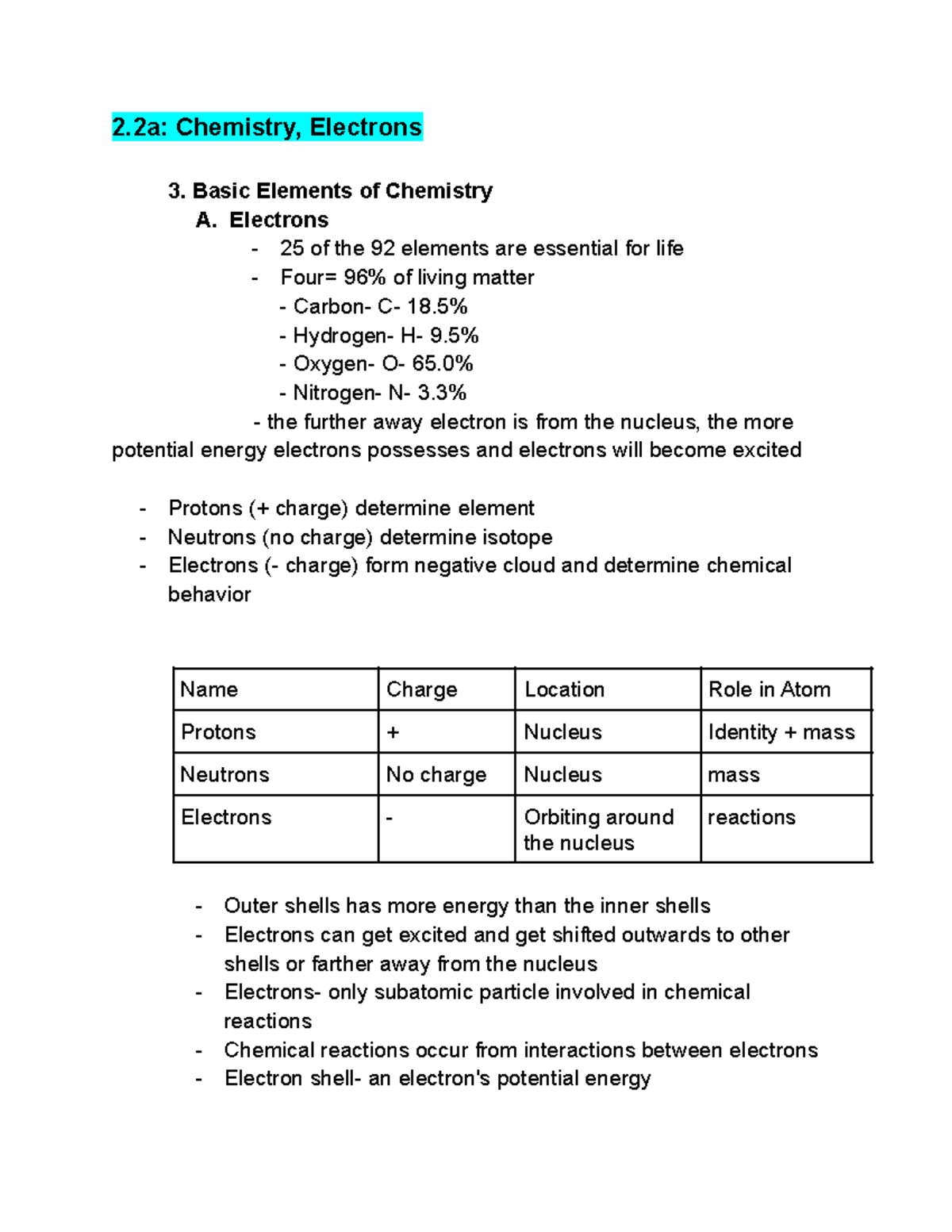 Biology Notes- Lecture 2.2a and 2.2b- Summer 2021 - 2: Chemistry ...