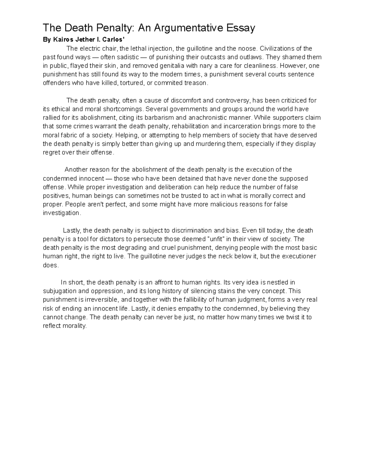 The Death Penalty: An Argumentative Essay - Carlos' The electric chair ...