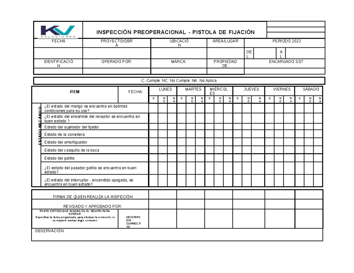 Pistola de fijacion - INSPECCIÒN PREOPERACIONAL - PISTOLA DE FIJACIÒN FECHA PROYECTO/OBR A ...