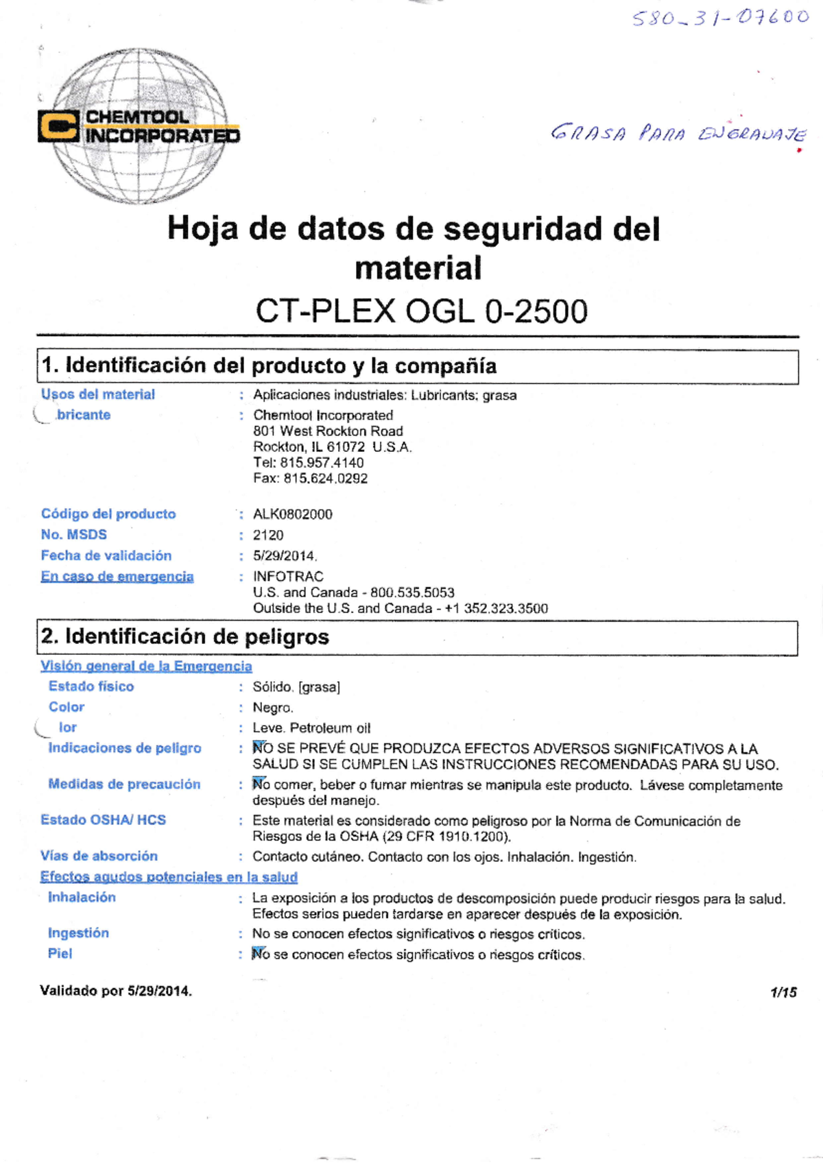 HOJA MSDS CT-PLEX OGL 0-2500 - 5SO- 3 l-o1¿oo €n t) st¿ /lt n¡¡ Eú a¿o ...