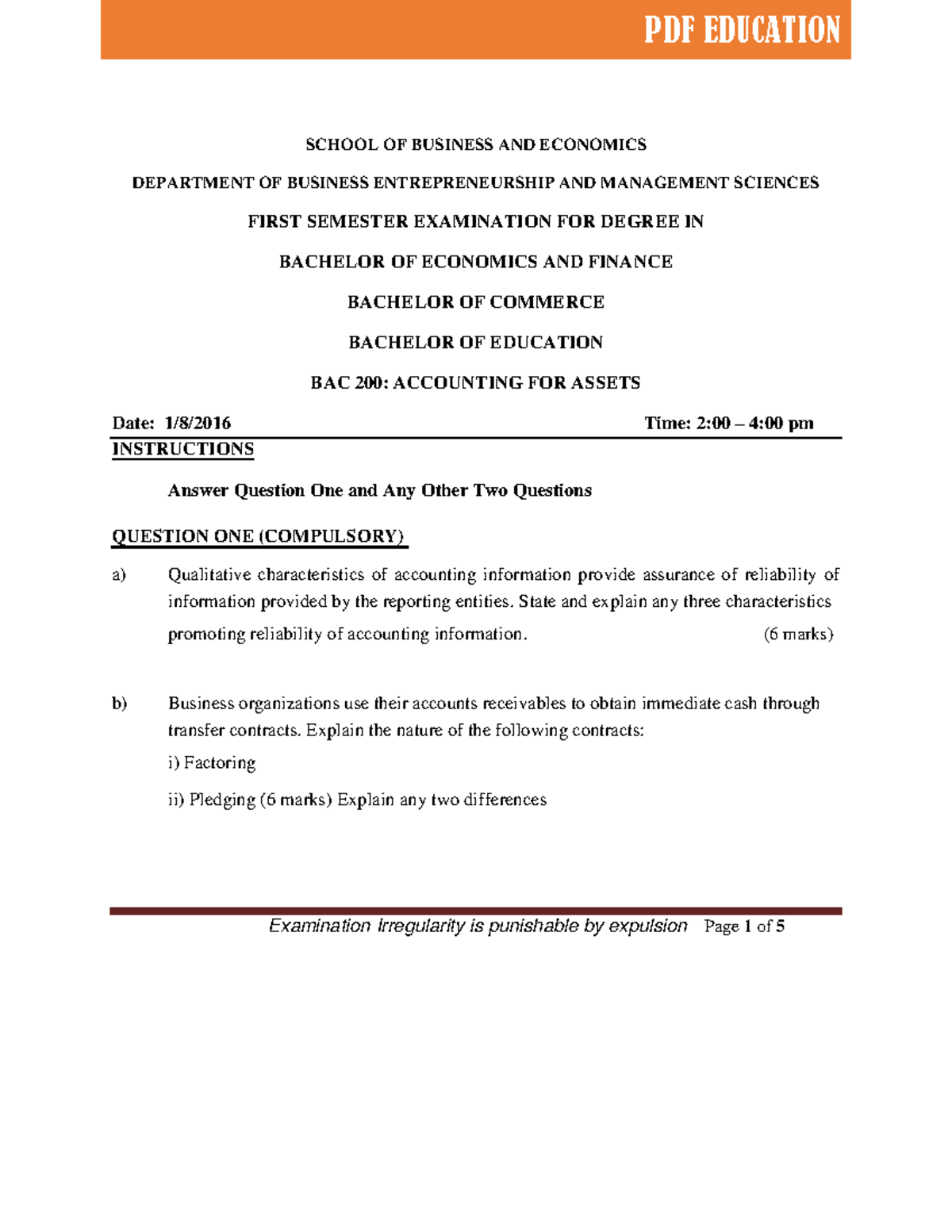 BAC 200 Accounting for Assets Past Papers 22nd June 2016 1 - SCHOOL OF ...