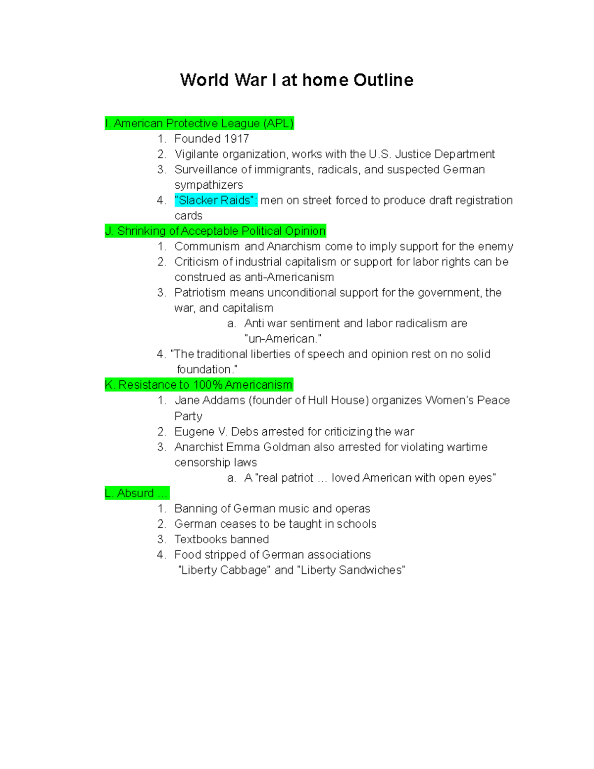 United States History since 1877-World War I at home Ouline Notes ...