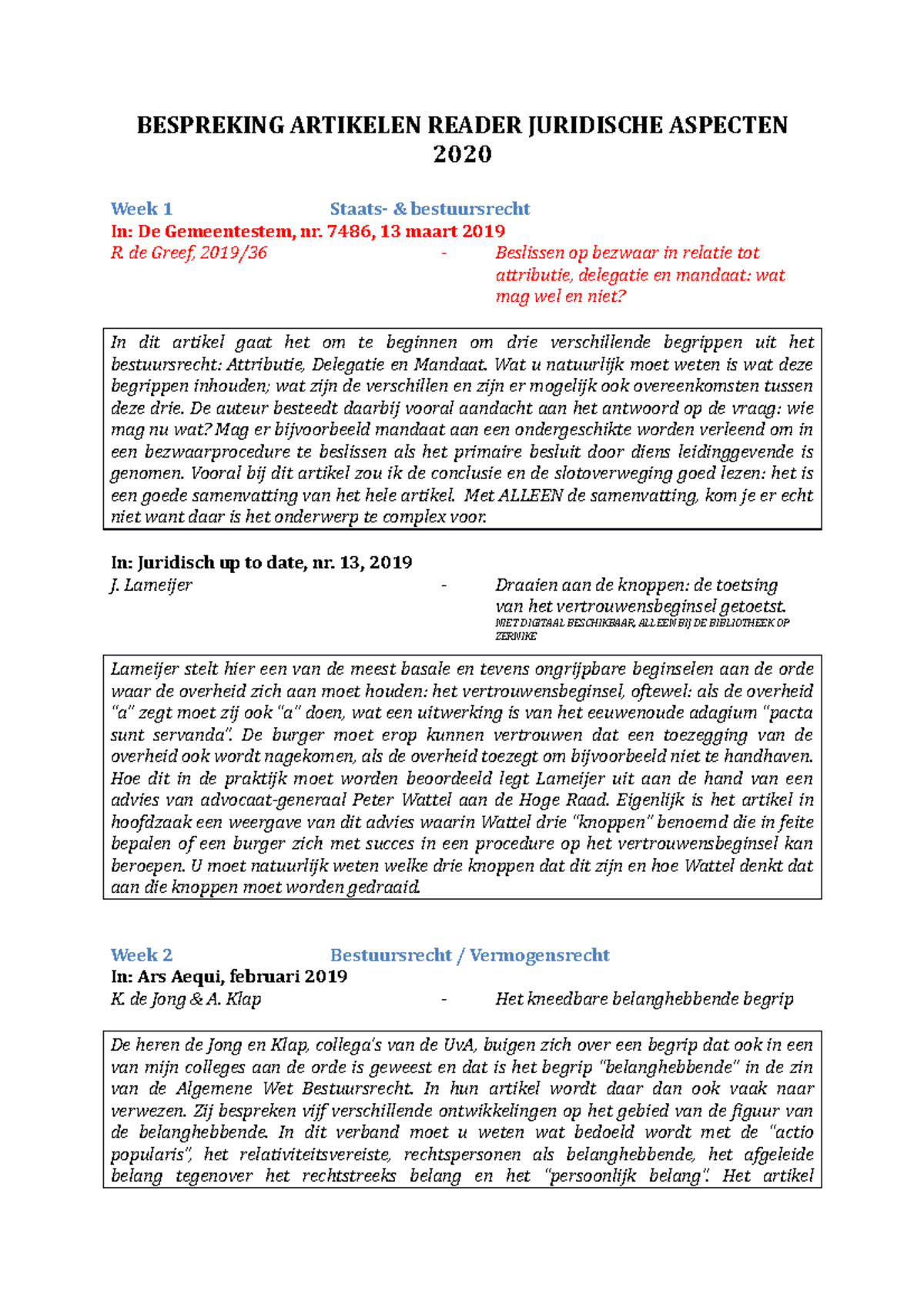 Bespreking Artikelen Reader Juridische Aspecten 2020 - BESPREKING ...