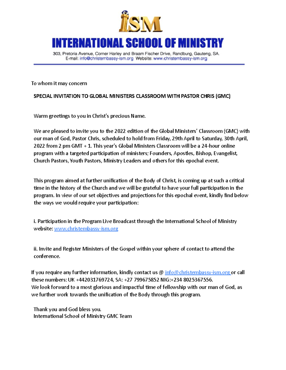 ISM Letter HEAD Invitation Letter - To whom it may concern SPECIAL ...