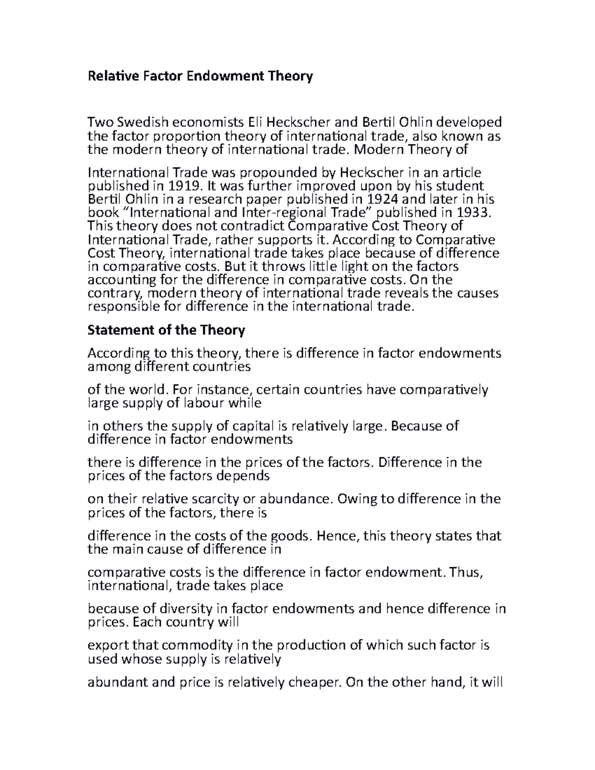 Relative Factor Endowment Theory and Explanation of the Theory ...