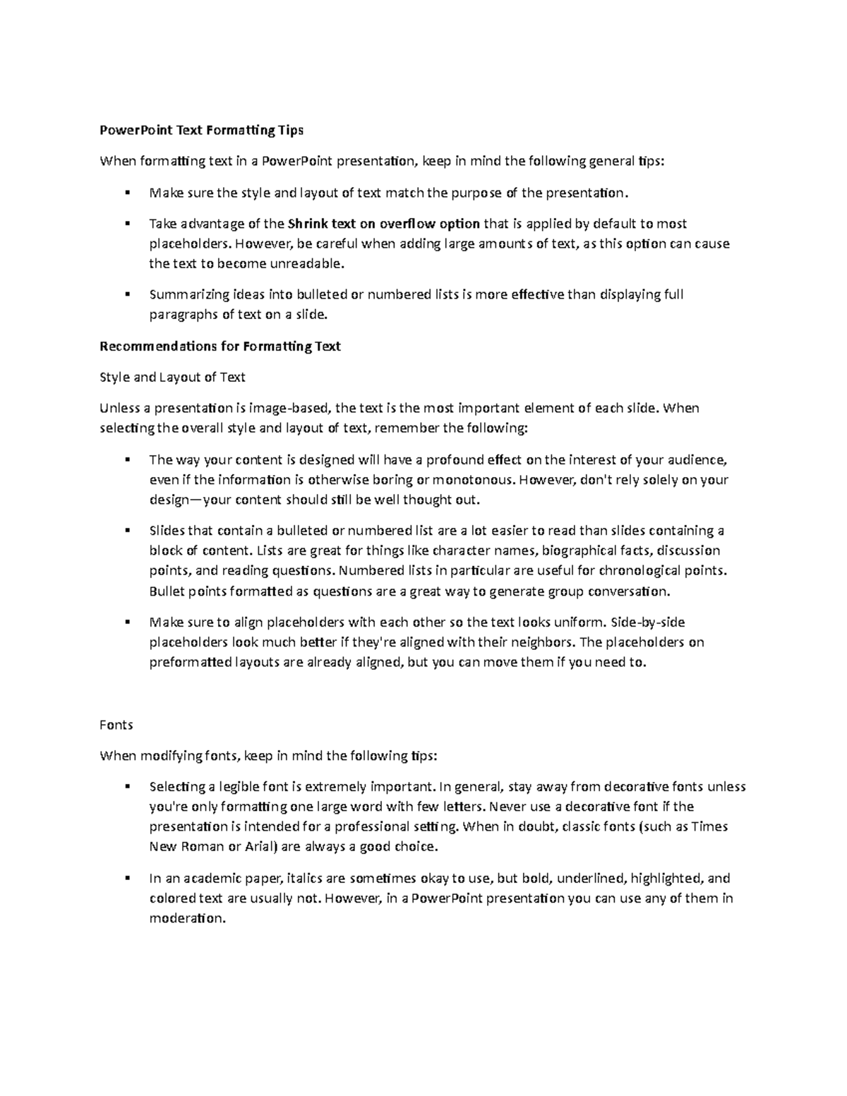 Lecture Notes 7 - PowerPoint Text Formatting Tips When formatting text ...