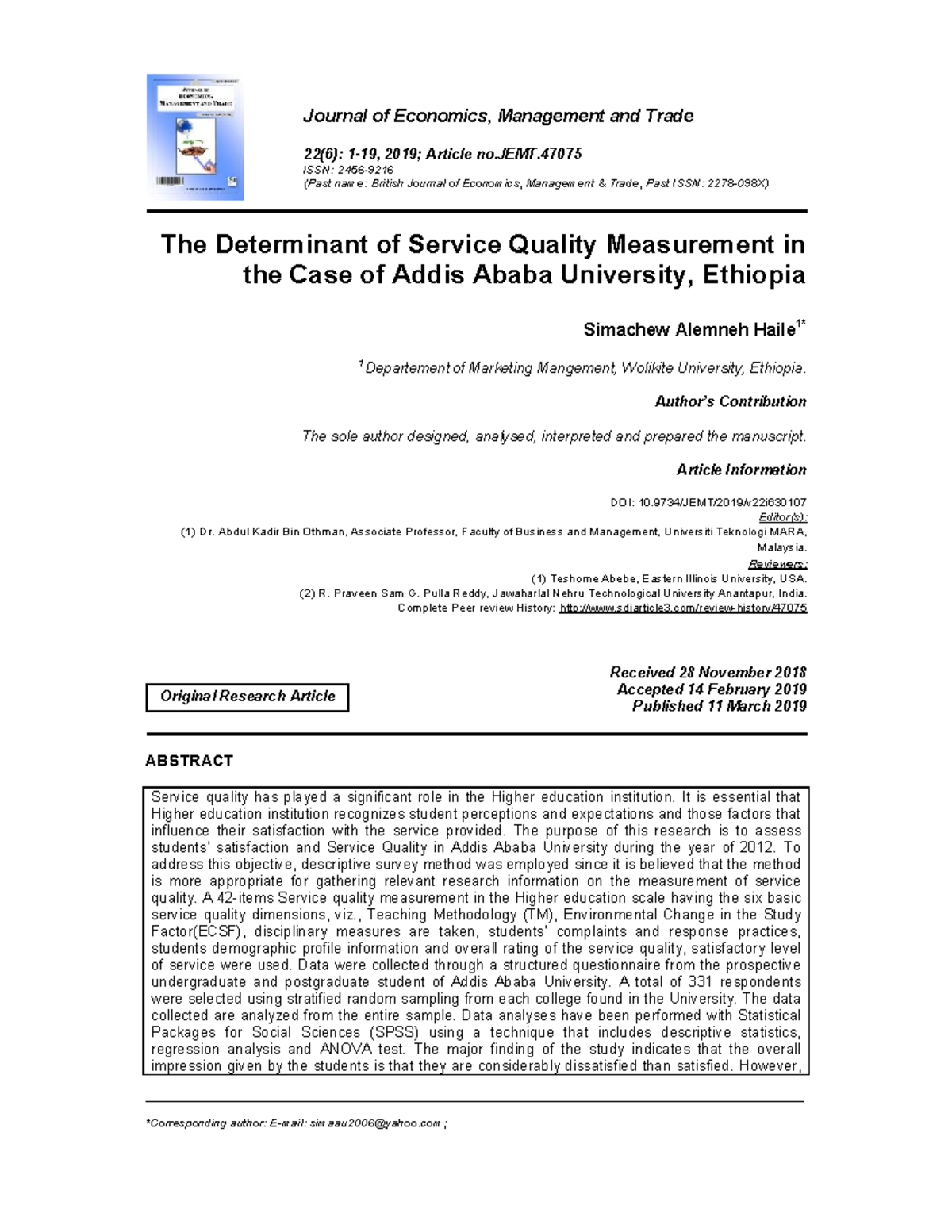 The Determinants of Service quality measurement in the Case of Addis ...