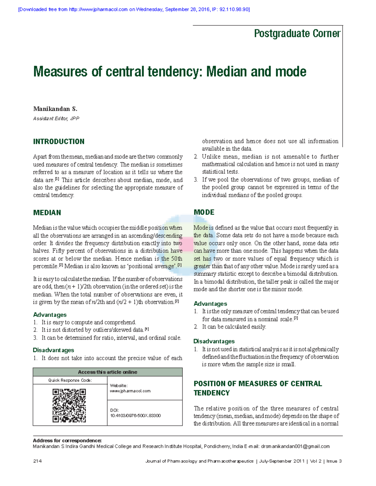 Measures of central tendency Median and mode - 214 Journal of ...