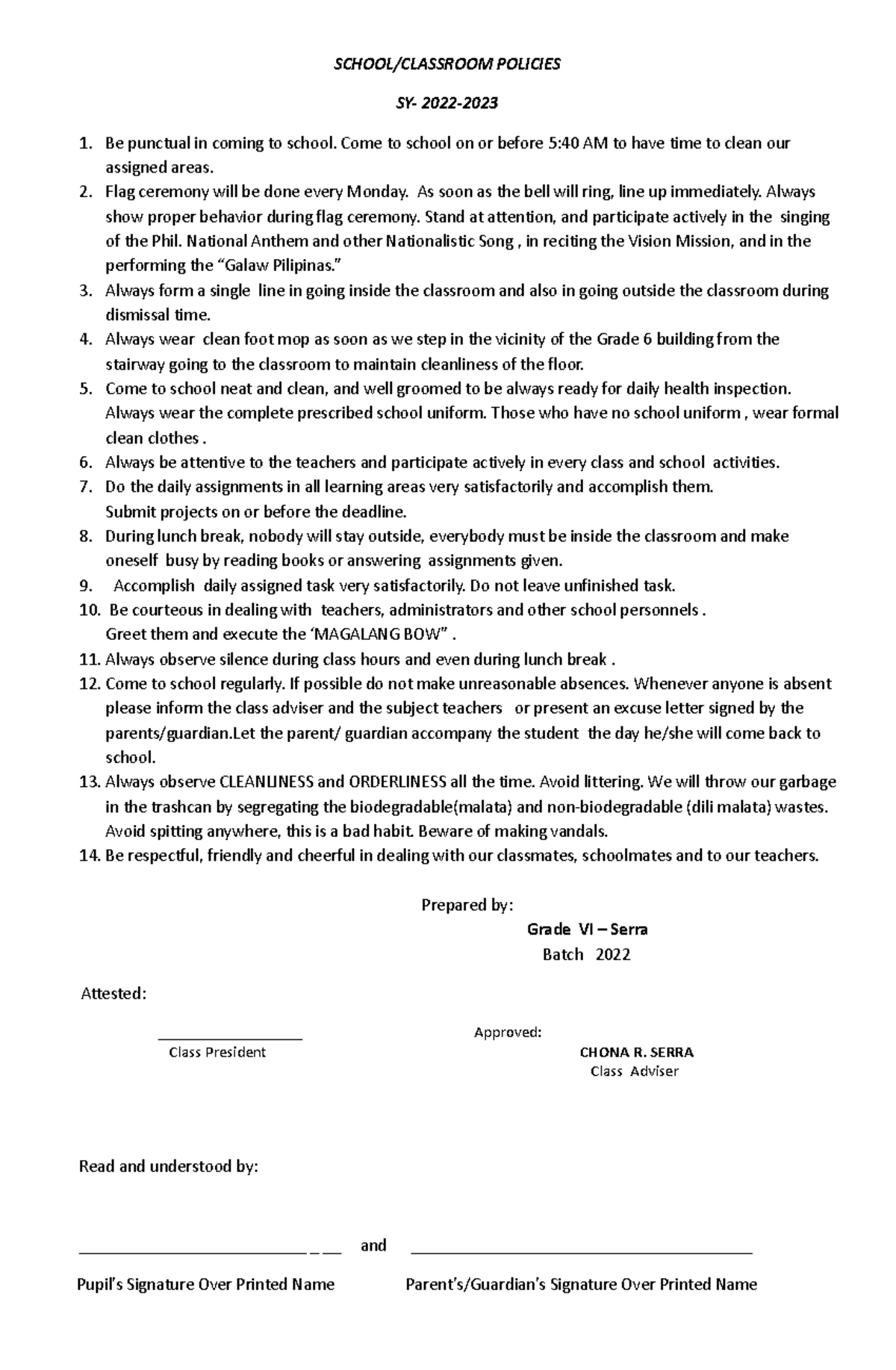 Classroom- Policies - SCHOOL/CLASSROOM POLICIES SY- 2022- Be punctual ...