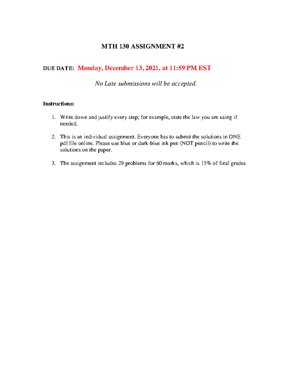 MTH 130 Assignment 2 - it is an - MTH 13 0 ASSIGNMENT # 2 DUE DATE ...