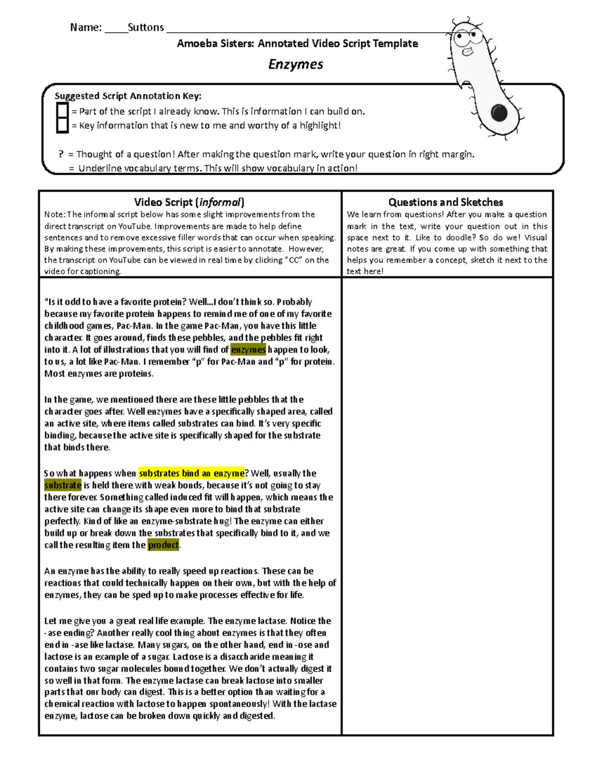 Annotated Video Script Template Enzymes by Amoeba Sisters - Name ...