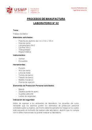 LAB 1 Grupo 1 Proceso DE Manufactura - FACULTAD DE INGENIERÍA Y ARQUITECTURA ESCUELA PROFESIONAL ...