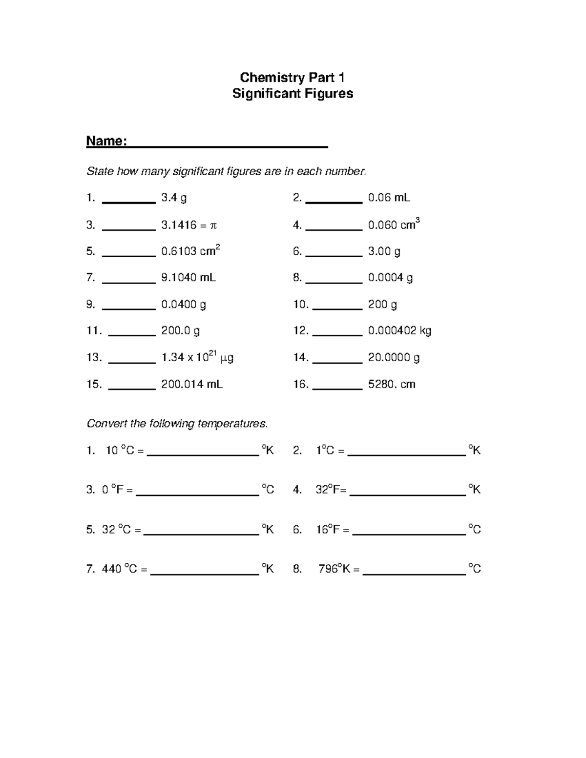 AFSA Sig Figs Temperature - Chemistry Part 1 Significant Figures Name ...