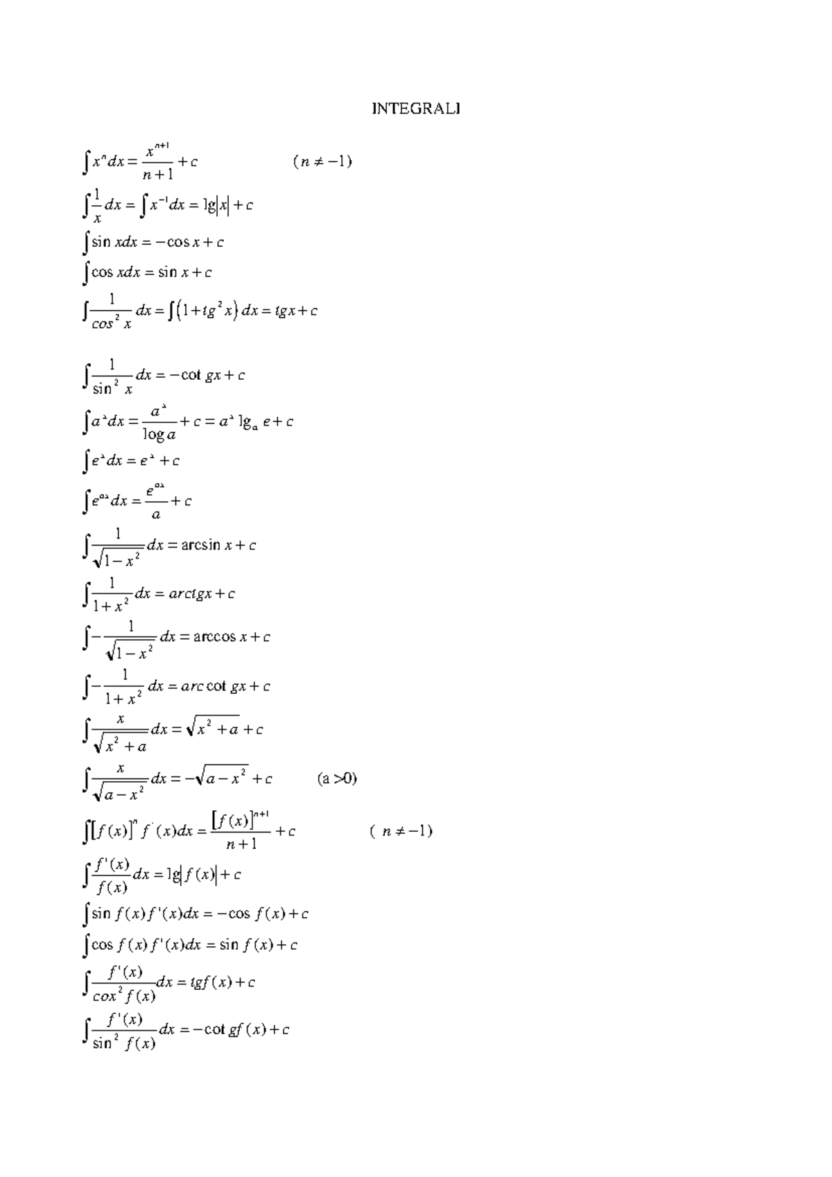 Tabella Integrali - INTEGRALI n x dx 1 x n ( n ) x dx x dx lg x c sin ...
