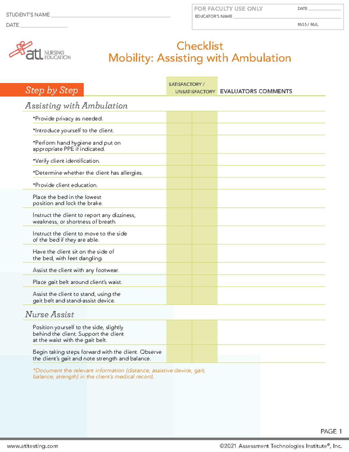 Skills Checklist Mobility Ambulation - NRS 130 - LIU - Studocu