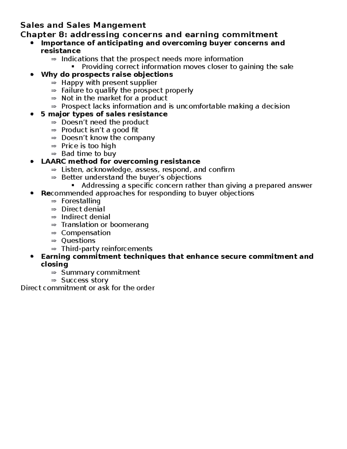 Chapter 8 - Addressing Concerns and Earning Commitment - Sales and Sales Mangement Chapter 8 ...