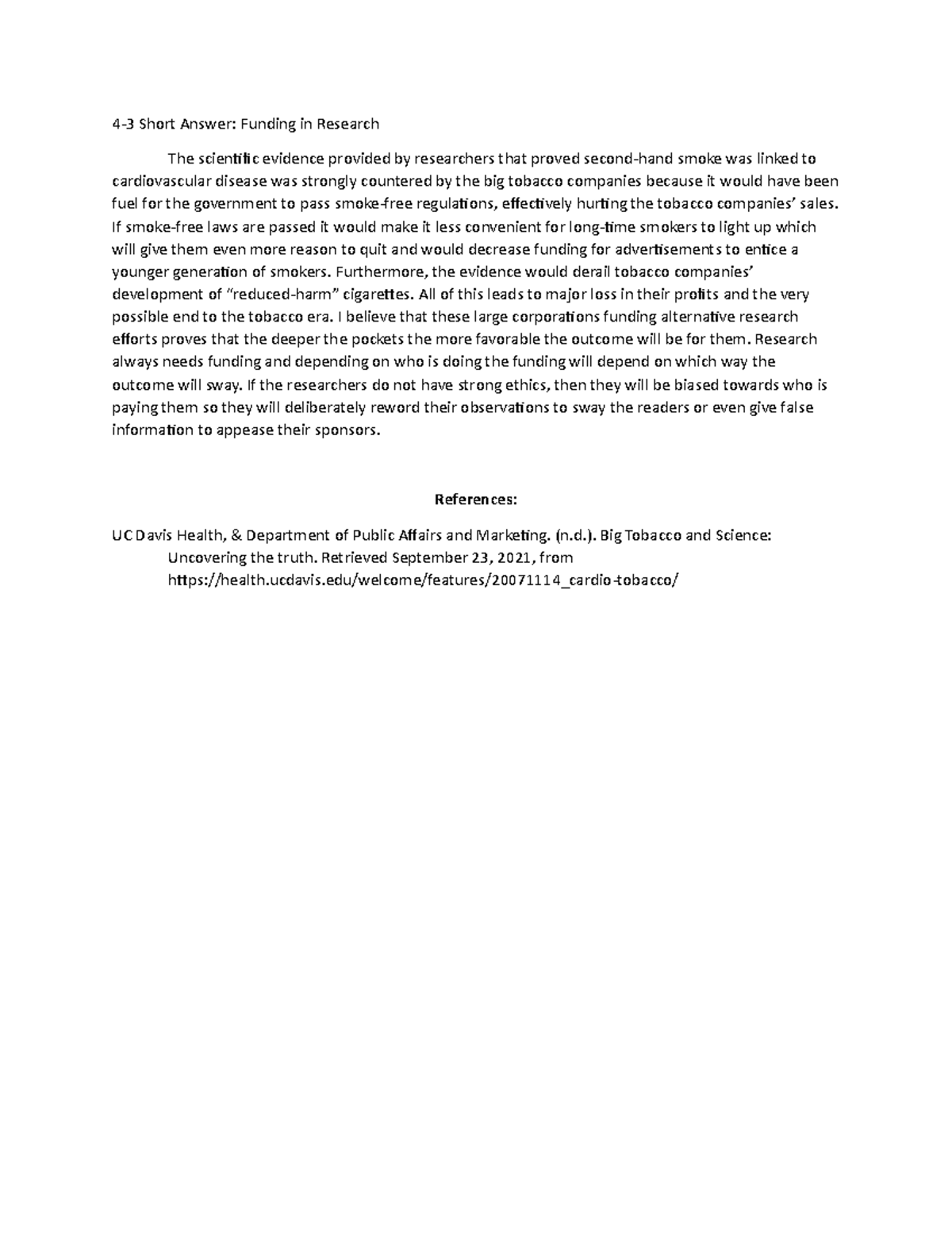4-3 Short Answer Funding in Research - If smoke-free laws are passed it ...