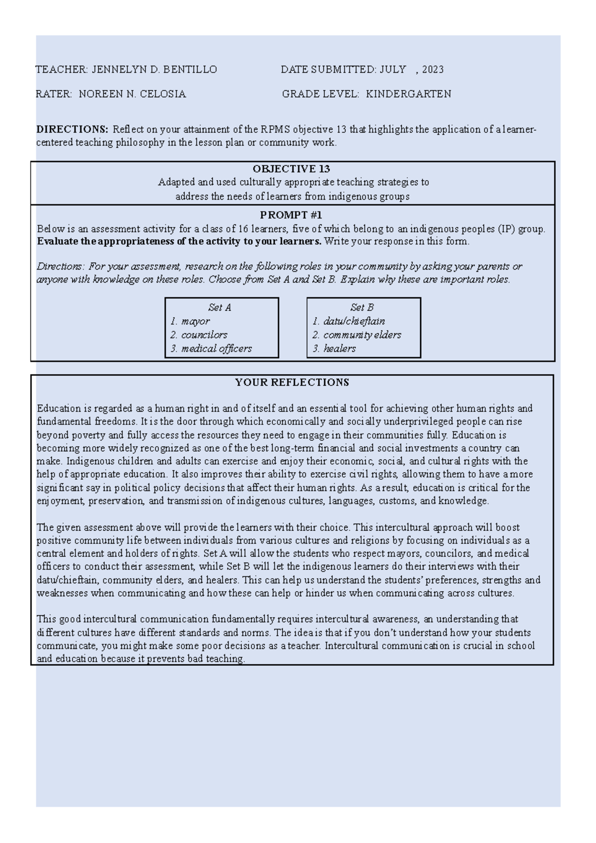 TRF Teacher Reflection on Obj. 10 -2nd - TEACHER: JENNELYN D. BENTILLO ...