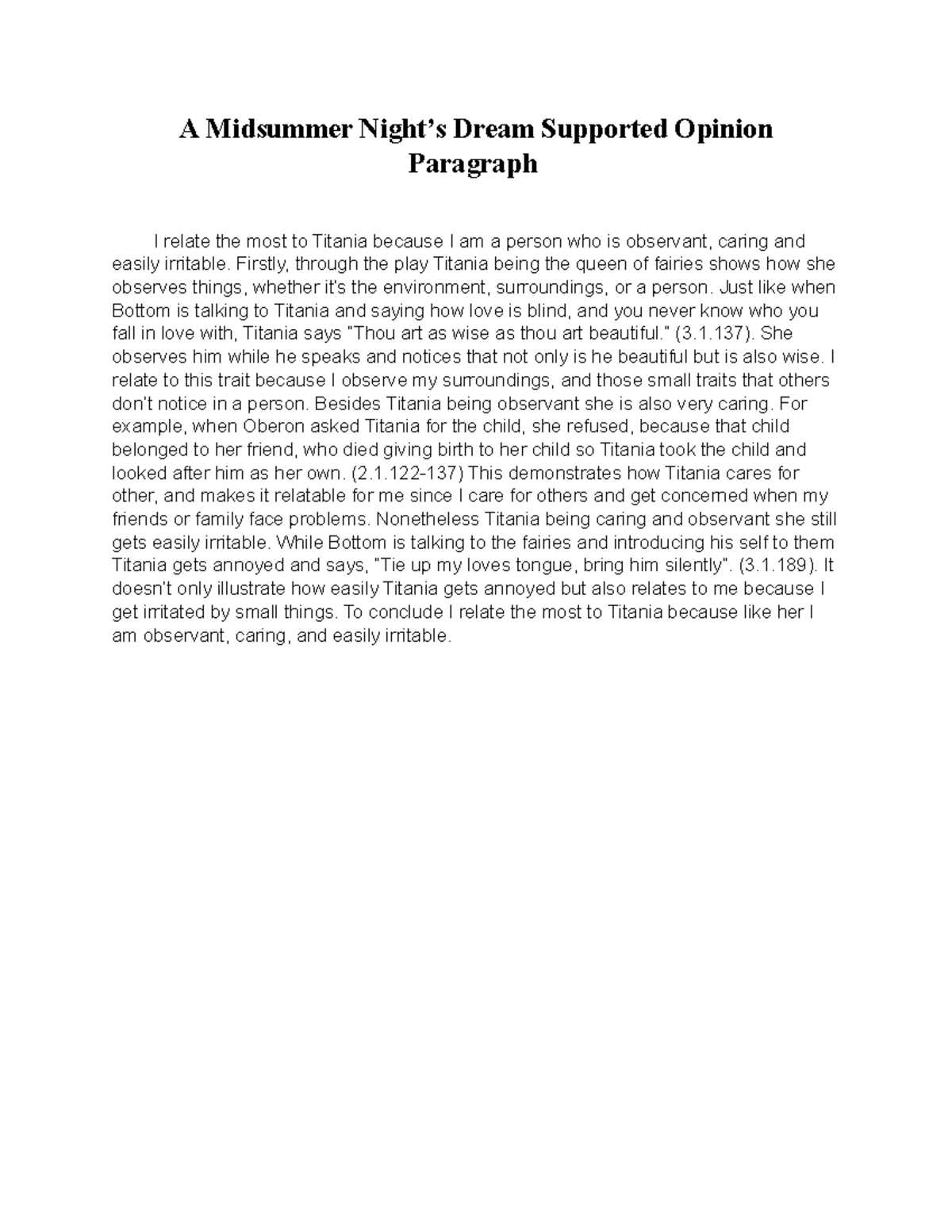 English ( supported paragraph) - A Midsummer Night’s Dream Supported ...