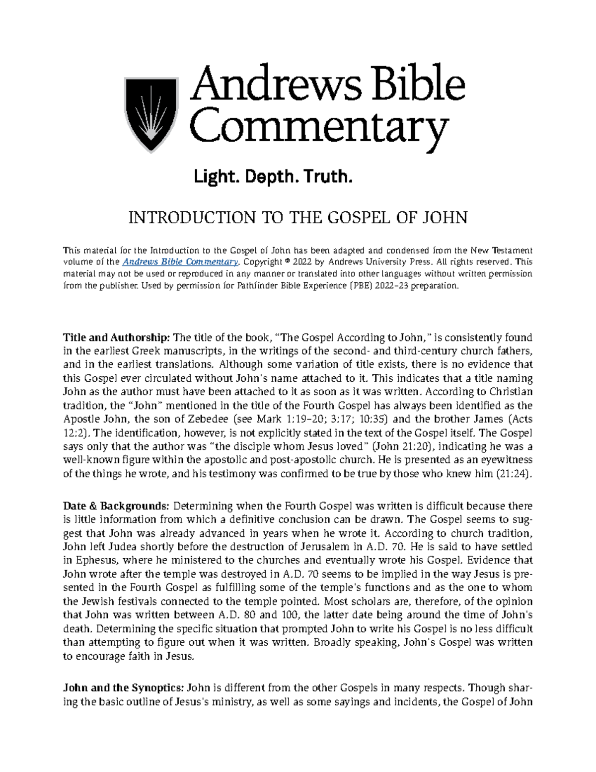 Introduction to John - Andrews Bible Commentary - This material for the ...