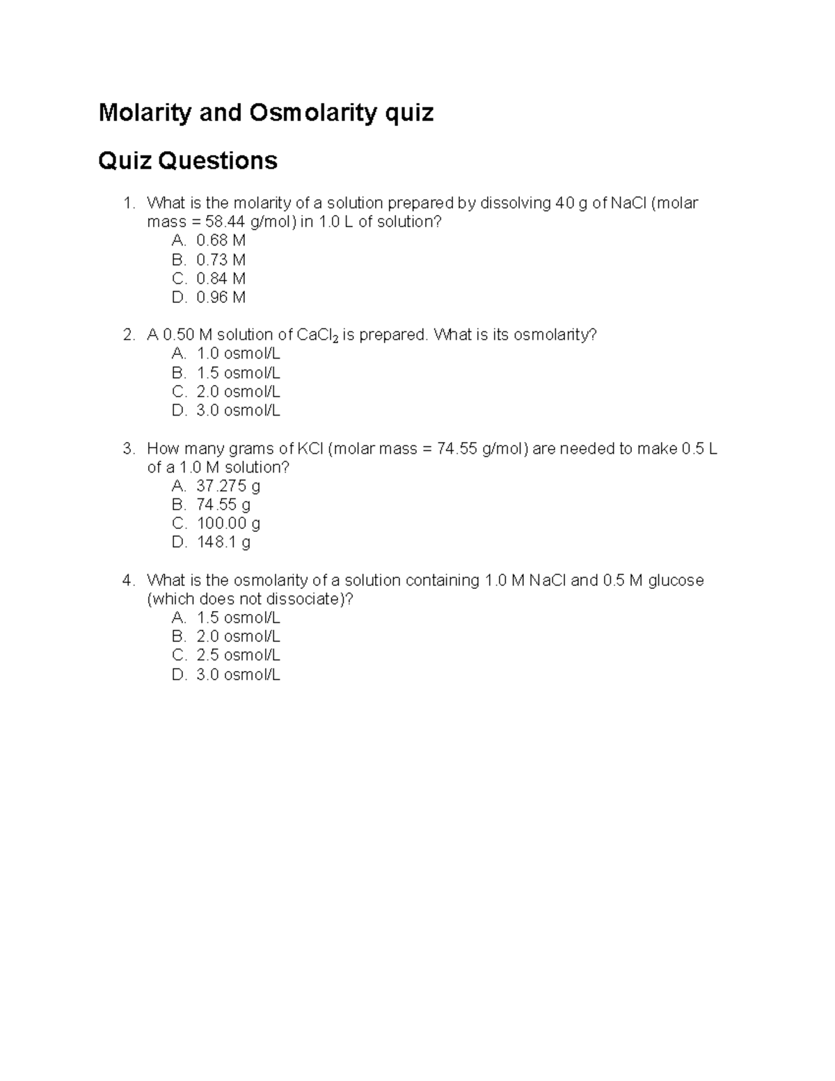 Activity sheet 3 - Molarity and Osmolarity quiz Quiz Questions 1. What ...