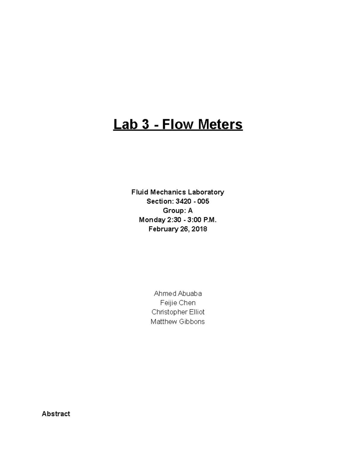Fluids Lab 3 - Lab 3 - Flow Meters Fluid Mechanics Laboratory Section ...