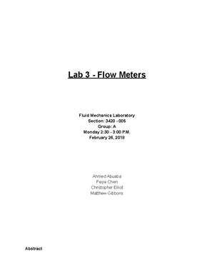 Lab 2 Mass, Momentum, and Energy Balance - Lab 2 - Mass, Momentum, and ...