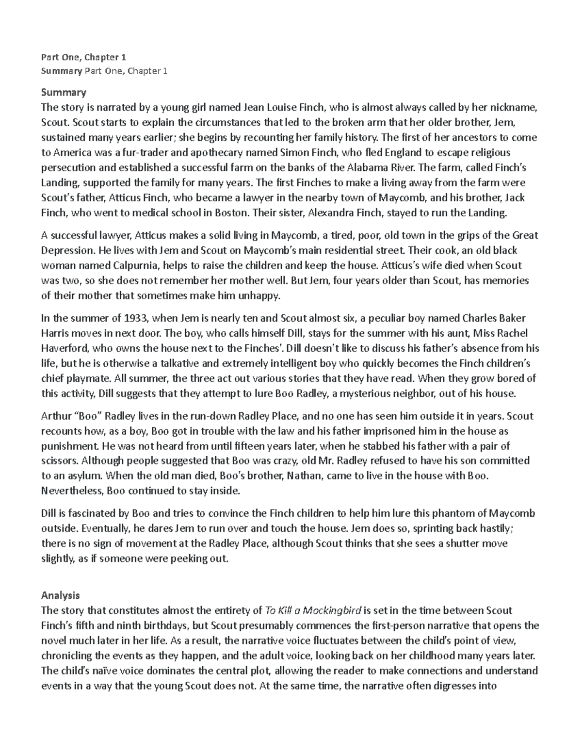 Student's To Kill A Mockingbird - Part One, Chapter 1 Summary Part One ...