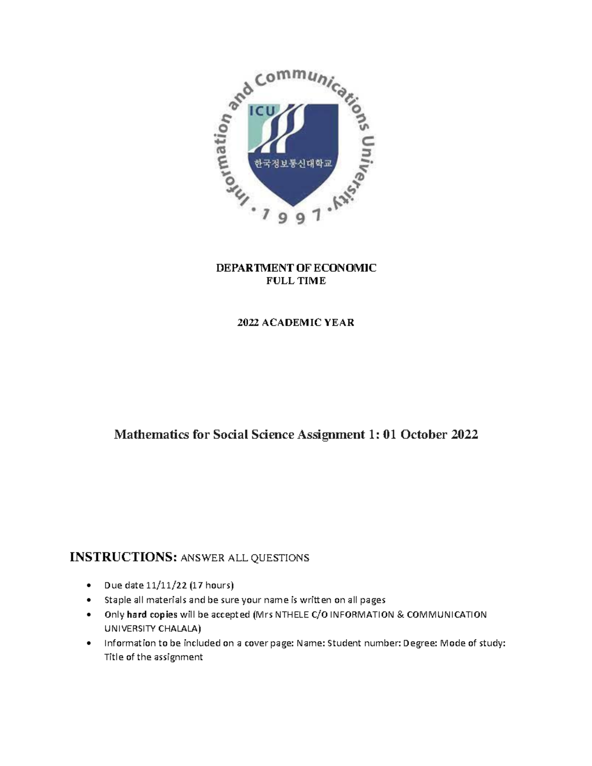 Mathematics for Social Science Assignment 1 - The number of individual ...
