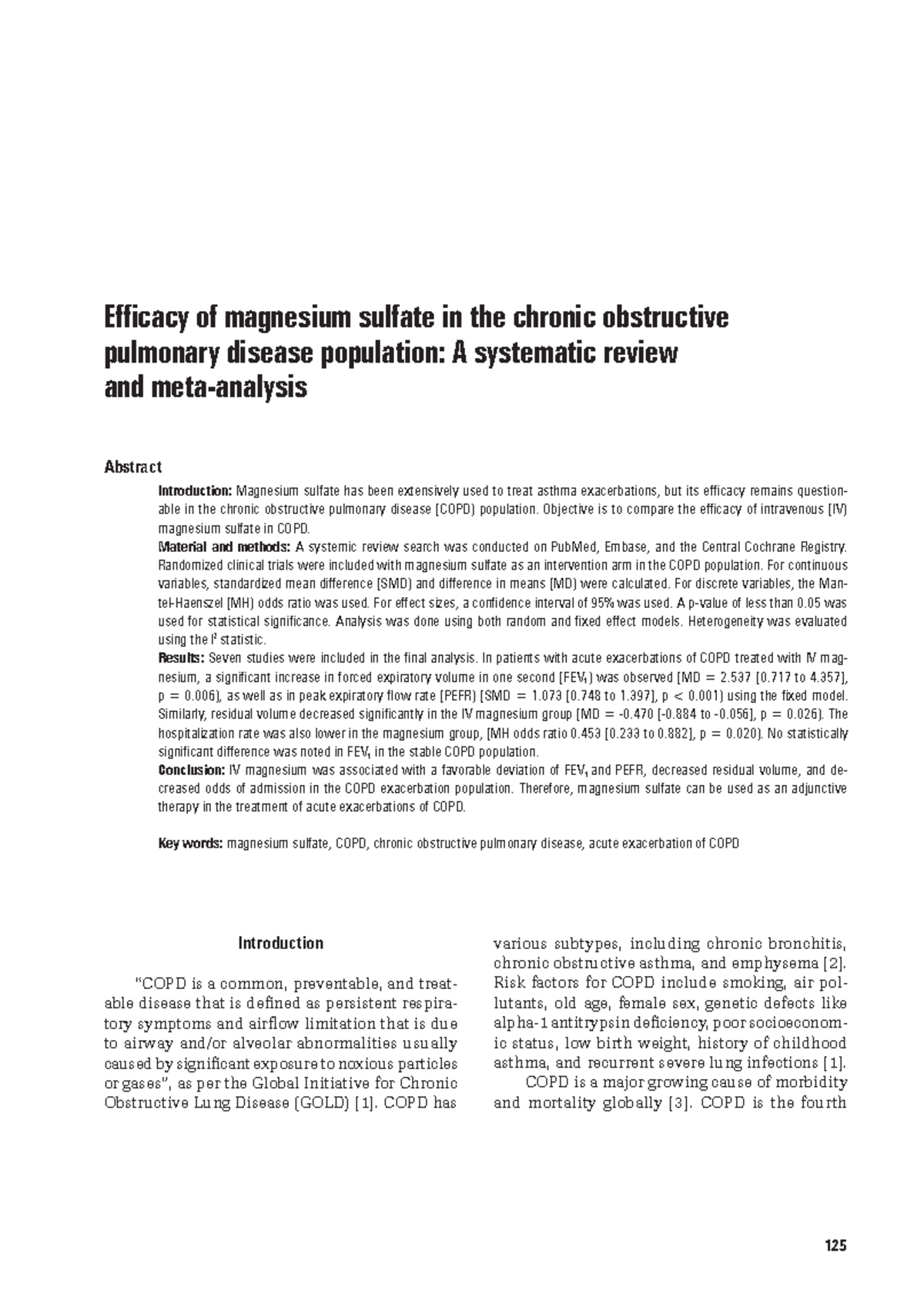 IV magnesium sulfate and COPD - Introduction “COPD is a common ...