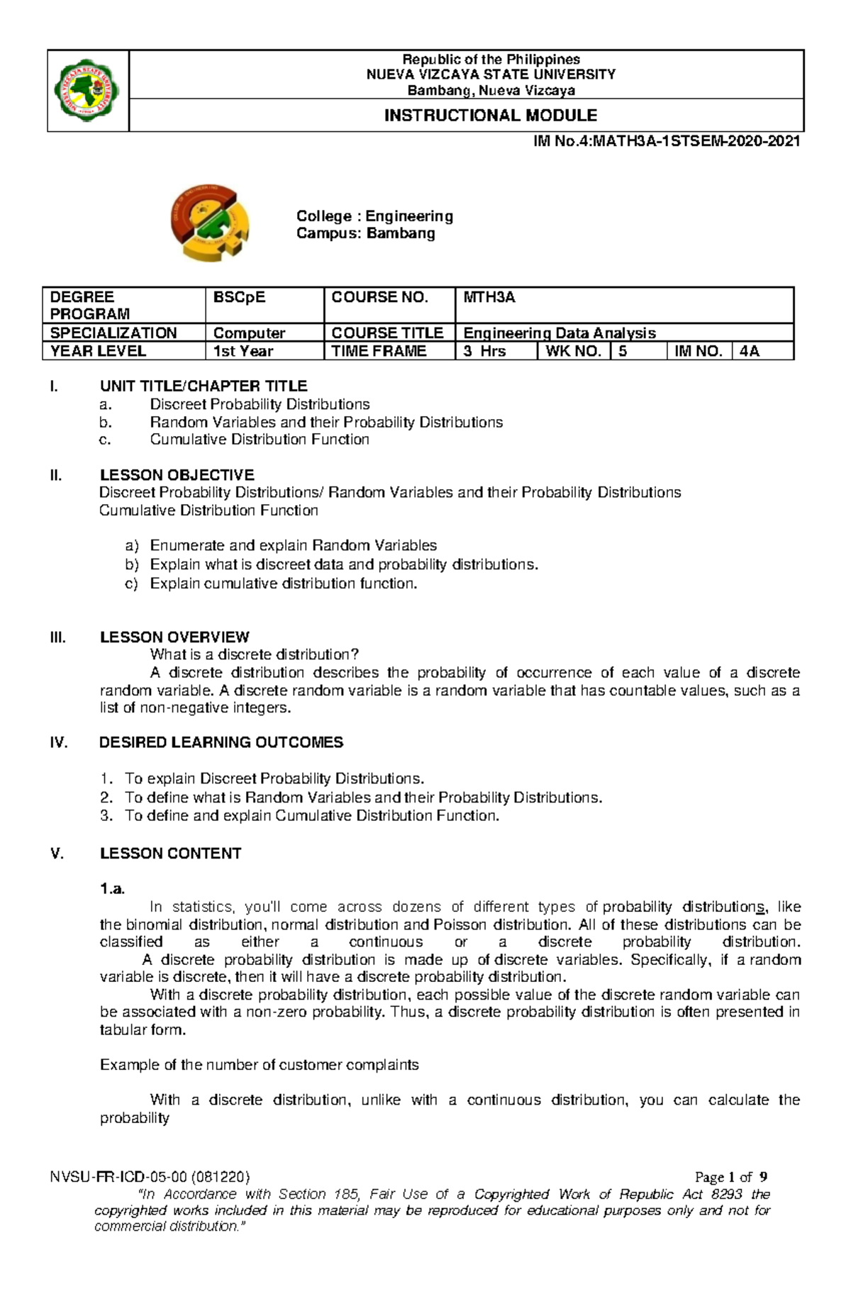 Data module 4A Cp E - NUEVA VIZCAYA STATE UNIVERSITY Bambang, Nueva ...