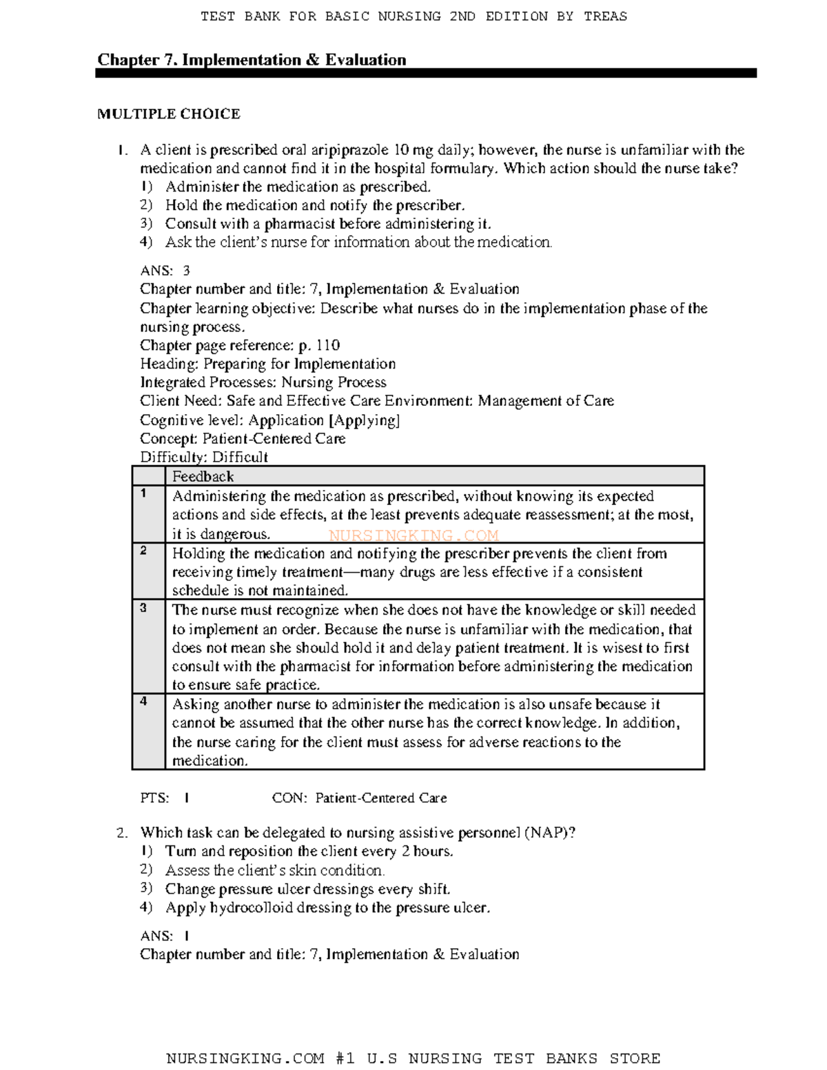 Nursing implementation - N U R S I N G K I N G. C O M Chapter 7 ...