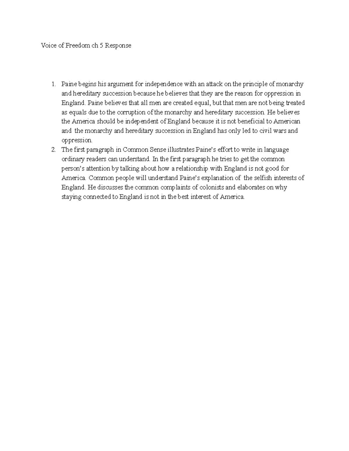 Voice of Freedom CH 5 Response - Voice of Freedom ch 5 Response Paine ...