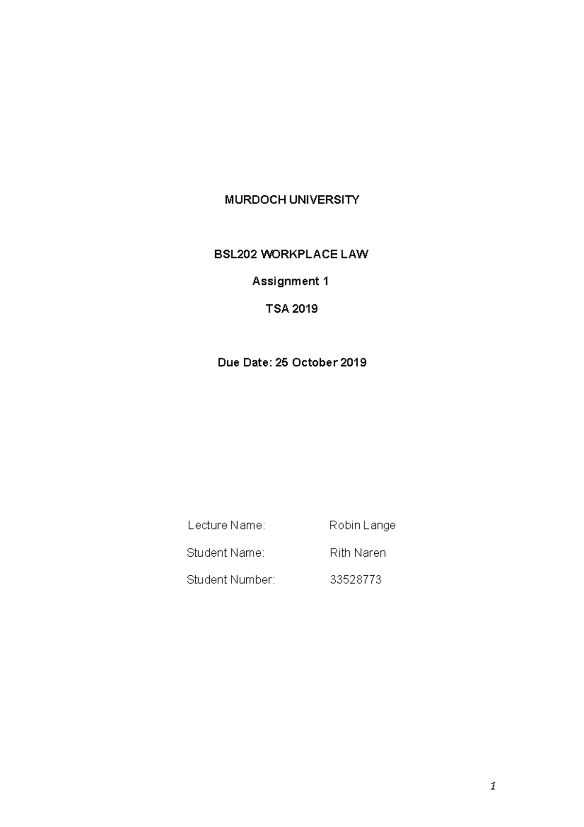 BSL202 workplace law - MURDOCH UNIVERSITY BSL202 WORKPLACE LAW ...