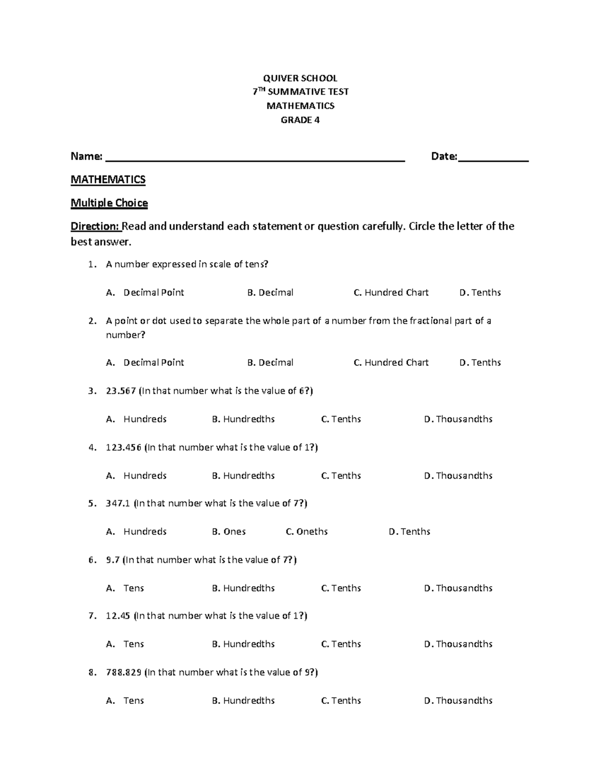 MATH Grade 4 7TH Summative EXAM - QUIVER SCHOOL 7 TH SUMMATIVE TEST ...