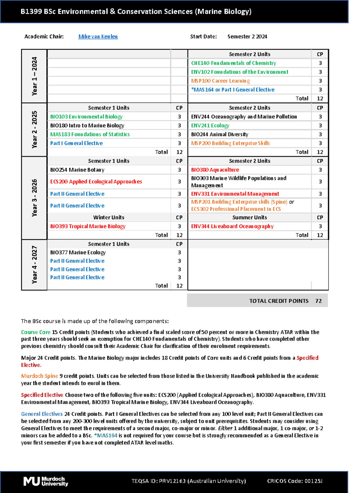 Unit Study Plan for Marine Biology Major Starting Sem.2 - TEQSA ID ...